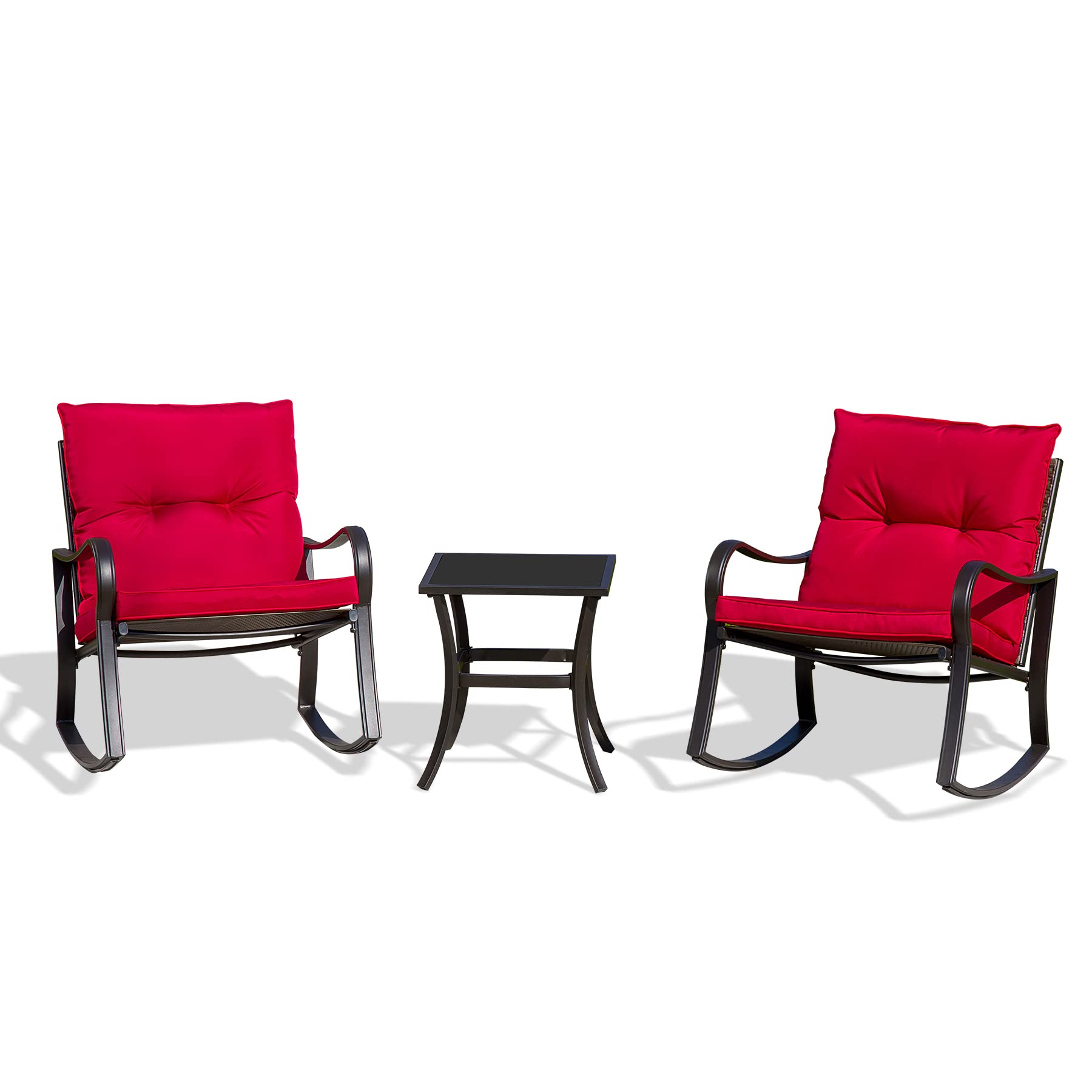 Domi 3 Piece Rocking Chair Patio Bistro Set Balcony Chairs Iron Conversation Sets Outdoor Furniture with Glass Coffee Table for Porch Poolside Lawn (Red, Curved Armrest)