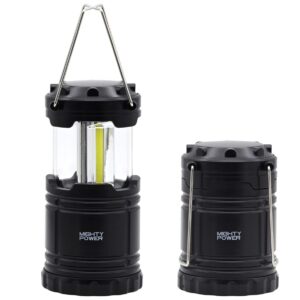 ultra bright portable collapsible camping led lantern light by mighty power, for hiking, blackouts, picnic party and emergency up to 12 hours with 3aa batteries included, lightweight design, black