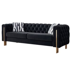 Zushule Tufted Chesterfield Sofa - A Modernized Classic with Gold Metal Legs and 2 Throw Pillows - Couches for Living Room, Office, and Bedroom - Black Velvet Couch