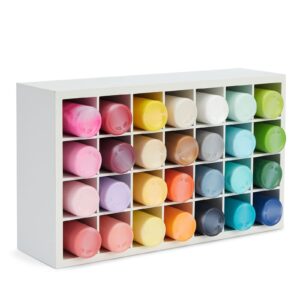 paint bottle organizer with 28 compartments for artists craft supply storage, artwork, drawing, and painting (white, 12.5 x 3.5 x 7.4 in)