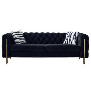 Zushule Tufted Chesterfield Sofa - A Modernized Classic with Gold Metal Legs and 2 Throw Pillows - Couches for Living Room, Office, and Bedroom - Black Velvet Couch