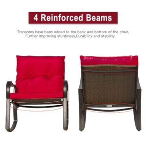 Domi 3 Piece Rocking Chair Patio Bistro Set Balcony Chairs Iron Conversation Sets Outdoor Furniture with Glass Coffee Table for Porch Poolside Lawn (Red, Curved Armrest)