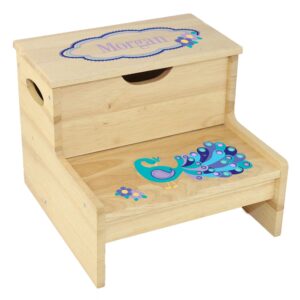 wood storage natural step stool - peacock