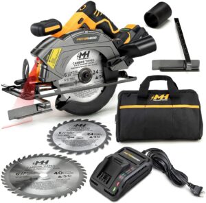 motorhead 20v ultra 6-1/2” cordless circular saw, lithium-ion, laser, led, edge guide, 0-50° bevel, cutting depth: 2-1/4”(0°),1.65”(45°), 2ah battery, 2 blades: 24t, 40t, usa-based (mh-03-cs-b1-0-2)