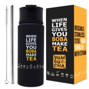 yumbucha reusable stainless steel boba tumbler with straw - bubble tea tumbler cup for boba pearls or popping boba pearls - boba kit and tea gifts - durable boba tea cup - bubble tea kit