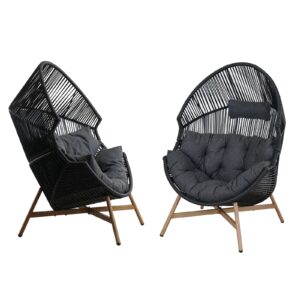 grand patio outdoor & indoor egg chair 2pc, pe wicker open weave wood grain finish oversized egg cocoon chairs with stand lounge chair comfortable for front porch, living room, bedroom (dark grey 2pc)