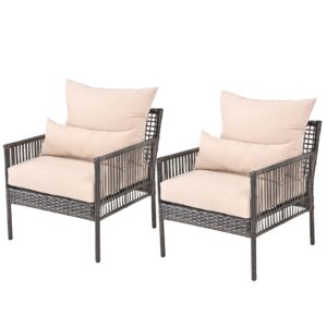 lokatse home 2 piece patio dining club chairs wicker rattan furniture thick cushion seat, beige