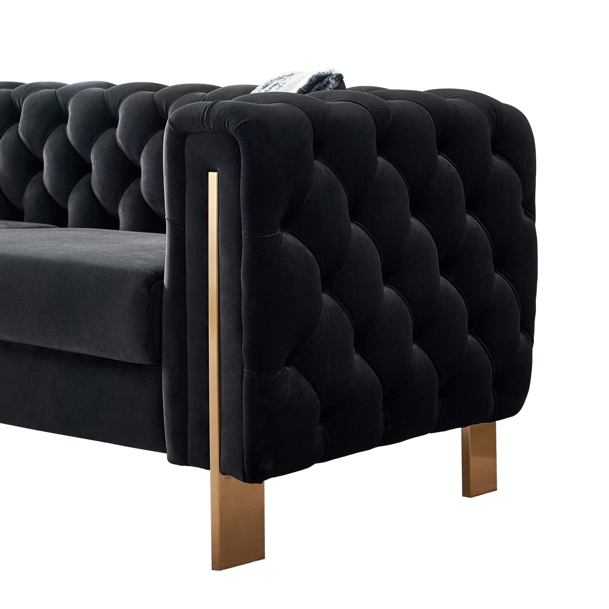 Zushule Tufted Chesterfield Sofa - A Modernized Classic with Gold Metal Legs and 2 Throw Pillows - Couches for Living Room, Office, and Bedroom - Black Velvet Couch