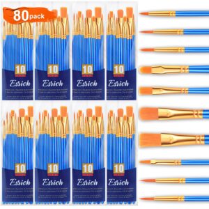 esrich acrylic paint brushes set,8packs /80 pcs, nylon brush head, suitable for acrylic, oil, watercolor,rock body face nail art,perfect suit of art painting, best gift for kids adult drawing