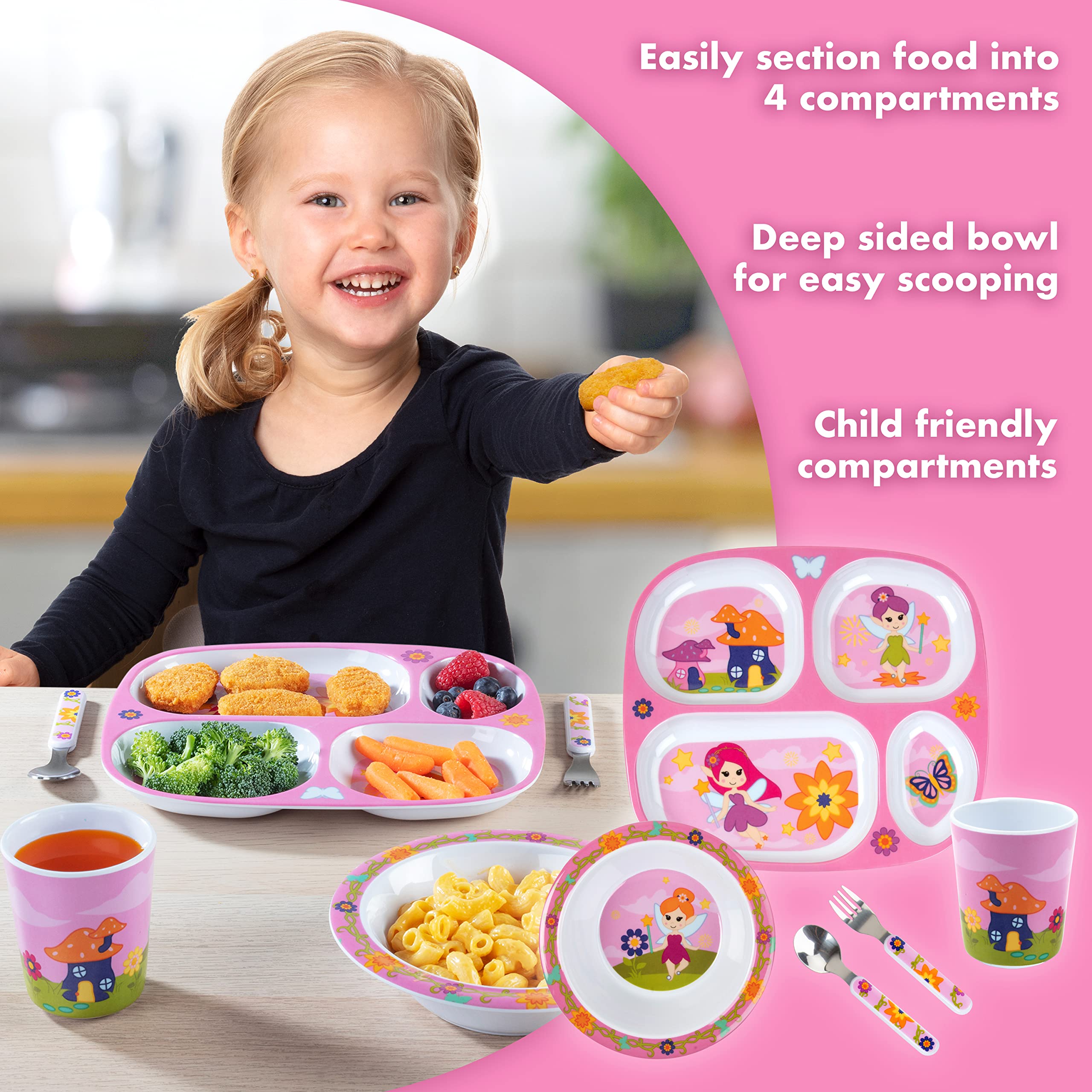 5 Pc Mealtime Set for Kids & Toddlers, Fairy Theme-Includes Divided Plate Cup Bowl Fork Spoon-Dishwasher Safe, BPA Free-Cute Compartment Dish to Put Food in 4 Sections for Easy Self-Feeding- XMAS Gift