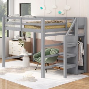 bellemave full loft bed with stairs wooden loft bed frame with storage bookcase and wardrobe gray loft beds for kids boys girls teens dorm bedroom, full size