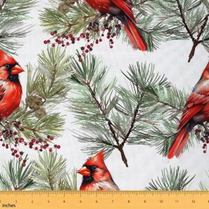 bird fabric by the yard, pine tree upholstery fabric, branches wild animals botanical decorative fabric, plants berry indoor outdoor fabric, nature diy art waterproof fabric, red green, 1 yard