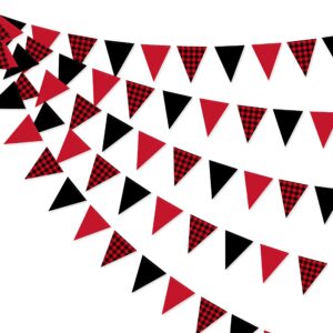 39 ft buffalo plaid christmas pennant banner black red checkered paper hanging triangle flag bunting garland for birthday baby shower bridal shower bachelorette xmas holiday party decorations supplies