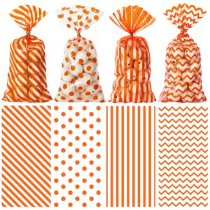 whaline 160pcs fall cellophane treat bags orange stripe wave dot candy plastic goody bags autumn cookie snack packing decor with twist ties for autumn thanksgiving birthday party favor, 5.1 x 10.6in