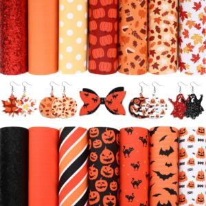 anydesign 14pcs fall halloween faux leather sheets pumpkin maple leaf black cat bat stripe dot printed synthetic leather fabric glitter orange red leather for autumn halloween diy craft, 6.3 x 8.3"