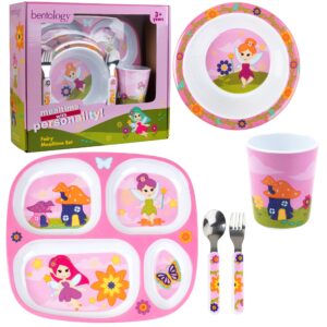 5 pc mealtime set for kids & toddlers, fairy theme-includes divided plate cup bowl fork spoon-dishwasher safe, bpa free-cute compartment dish to put food in 4 sections for easy self-feeding- xmas gift