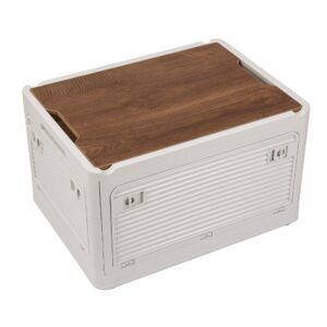 the foldable outdoor camping storage box has a large capacity of 48l, the foldable storage box equipped with a wooden cover and rollers can be used for indoor,car trunk and camping.