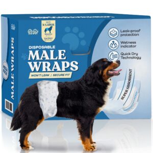 comfortable male dog diapers - 50-pack super absorbent disposable male dog wraps- flashdry gel technology, wetness indicator doggie diapers- leakproof belly wraps for incontinence, excitable urination