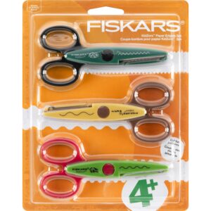 fiskars decorative edge craft scissors (3-pack) for kids ages 4-7, scissors for crafting, scissors for kids, swamp animal pattern design scissors, colorful zig zag scissors