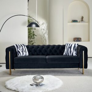 zushule tufted chesterfield sofa - a modernized classic with gold metal legs and 2 throw pillows - couches for living room, office, and bedroom - black velvet couch