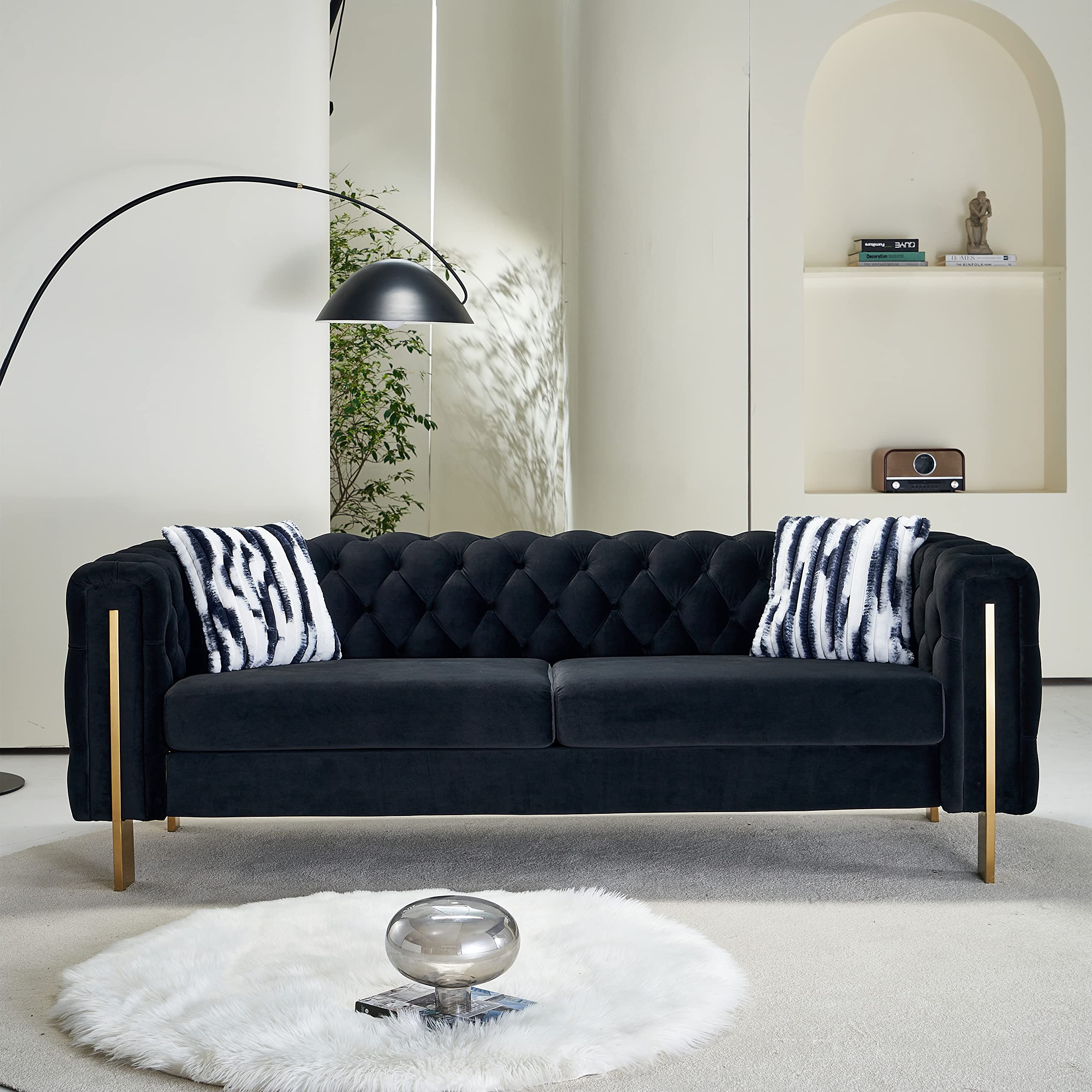 Zushule Tufted Chesterfield Sofa - A Modernized Classic with Gold Metal Legs and 2 Throw Pillows - Couches for Living Room, Office, and Bedroom - Black Velvet Couch