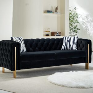 Zushule Tufted Chesterfield Sofa - A Modernized Classic with Gold Metal Legs and 2 Throw Pillows - Couches for Living Room, Office, and Bedroom - Black Velvet Couch