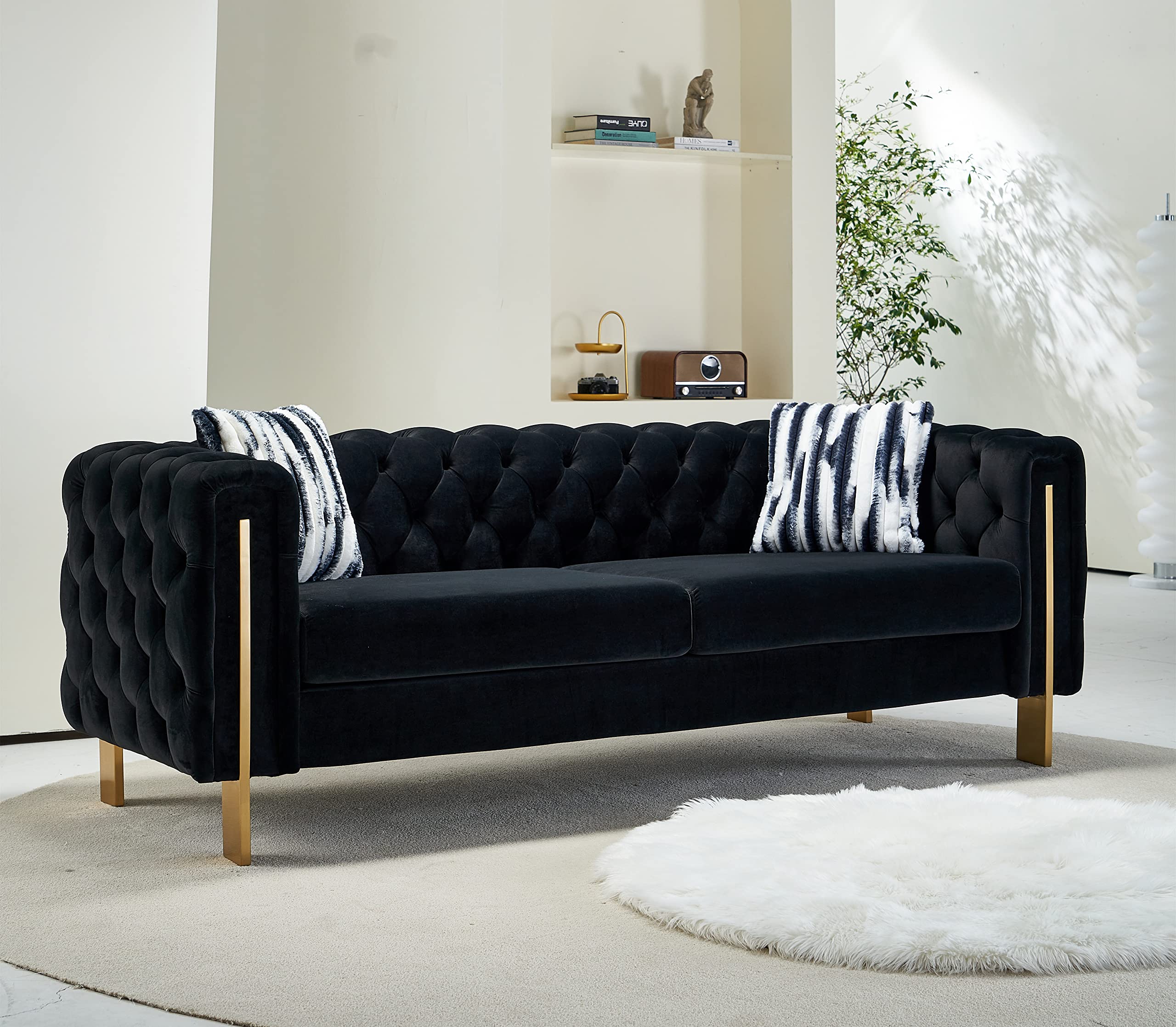 Zushule Tufted Chesterfield Sofa - A Modernized Classic with Gold Metal Legs and 2 Throw Pillows - Couches for Living Room, Office, and Bedroom - Black Velvet Couch