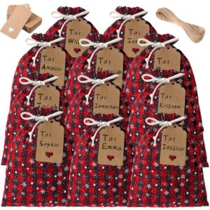 shappy 24 pcs christmas drawstring bags xmas buffalo plaid burlap candy bags linen treat bags with 3.28 ft rope 24 card (black red snowflake,10 x 8 inches)