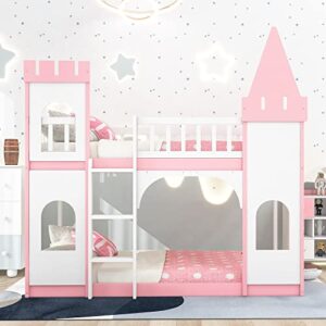 merax twin size loft bed low bunk bed, castle shaped wood bed frames with safety guardrails for boys or girls, pink