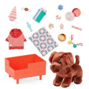 glitter girls – holiday puppy set – 18pcs accessory set & 6-inch plush – dog bed & sweater – pillow, jingle bells & more – 3 years + – cocoa & holiday pup set