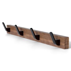 iurrdop black walnut wood wall mount coat rack with 4 hooks, adhesive mounted rustic decorative entryway hooks, mid century modern natural wooden pegs for hanging coat clothes hat bag purse and towel