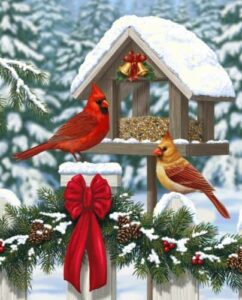 for sewing, embroidery and quilting 100% 44/45` wide 35" c panel | digital christmas feast birdhouse cardinalq