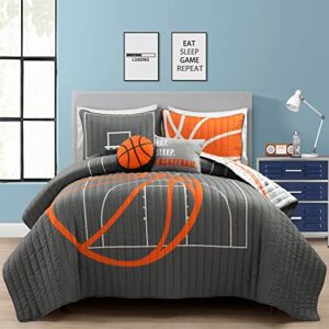 lush decor basketball game reversible oversized 5 piece quilt set - cozy & soft kids sports themed bedding set - full/ queen, charcoal