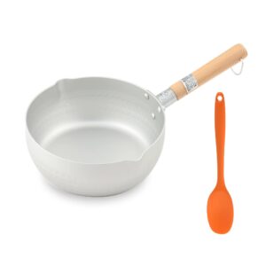 icuuk nonstick saucepan 1.7 quart japanese yukihira saucepan with wooden handle and silicone mixing spoon,multipurpose pot, aluminum alloy, silver (7.1 inch)