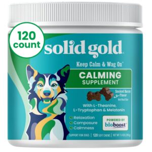 solid gold calming chews for dogs - soothing snacks for stress & dog anxiety relief - melatonin & valerian root - dog treats for separation anxiety relief & fireworks for all breeds & sizes - 120 ct