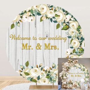 yeele 7x7ft mr & mrs wedding round backdrop wooden texture white rose floral photography background bride and groom engaged ceremony anniversary bridal shower party supplies photo booth props