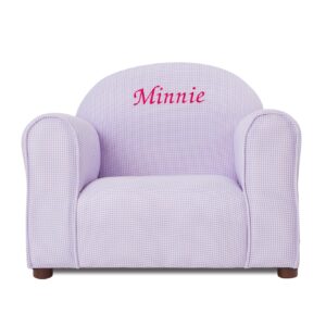 keet personalized toddler chair, customize with name, personalized kids chair, embroidered with name, kids armchair personalized, easy to coordinate, ages 2-5 years, kid sofa chair, gingham lavender