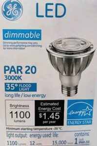 ge 38130 led par20 flood light, 1100 lumens, 3000k, 35 degree beam angle, dimmable, 12 watts, 15000 hours, energy star