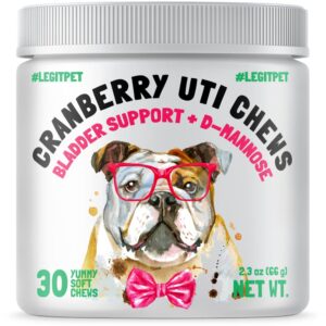 cranberry uti chews for dogs bladder support + d-mannose supports kidney urinary tract and bladder health natural cranberry wellness supplement immune system booster natural pet antioxidant 30 chews