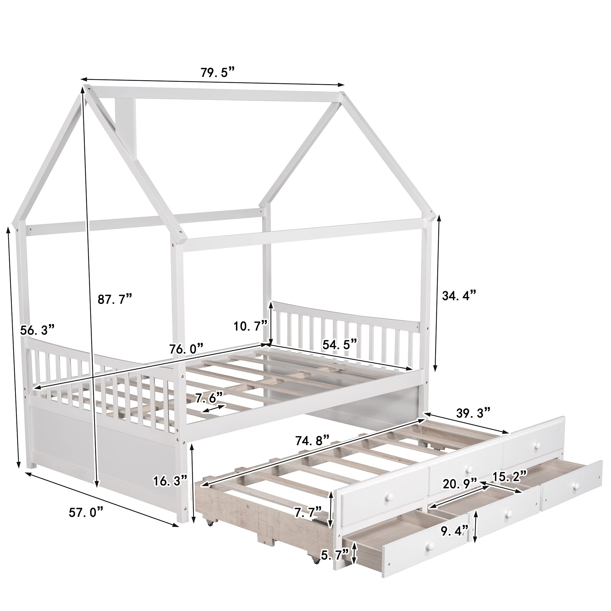 Harper & Bright Designs Full House Bed with Trundle and 3 Storage Drawers, Full Captain's Beds Wooden Storage Daybed Frame for Kids Teens Boys Girls (Full Size, White)