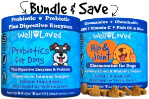 well loved probiotics for dogs and joint supplement for dogs, well loved dog chews, made in usa, vet developed, dog probiotic chews, glucosamine for dogs