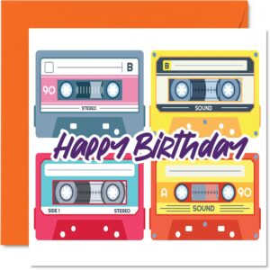 retro birthday cards for men women - music cassette tapes - classic birthday card for son daughter brother sister mum dad uncle auntie nan grandad, 145mm x 145mm 30th 40th 50th bday greeting cards