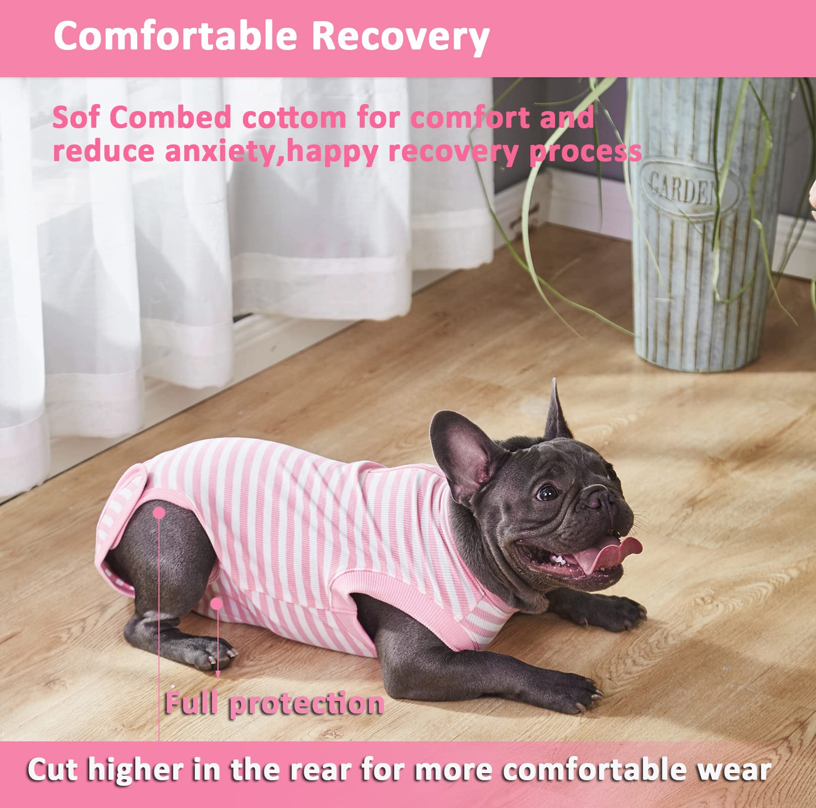 Wabdhally Dog Surgery Recovery Spay Suit,Surgical Suit for Medium Female Dogs,Soft Combed Cotton,Striped Pink Zipper Onesie M