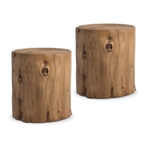 cosiest outdoor end table set of 2 light oak colored faux wood, hand-painted wood stump stool, ottoman or plant stand, deck or garden