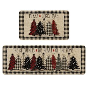 artoid mode buffalo plaid xmas tree merry christmas kitchen mats set of 2, winter home decor low-profile kitchen rugs for floor - 17x29 and 17x47 inch