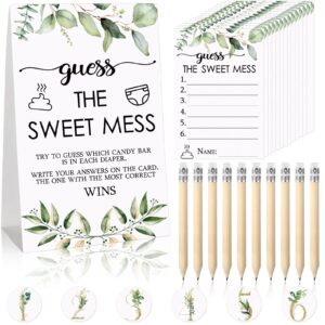 67 pcs guess the sweet mess baby shower game dirty diaper game including guess the sweet mess sign 50 small cards 10 pencils and 6 number stickers for baby shower gender reveal party (leaves)