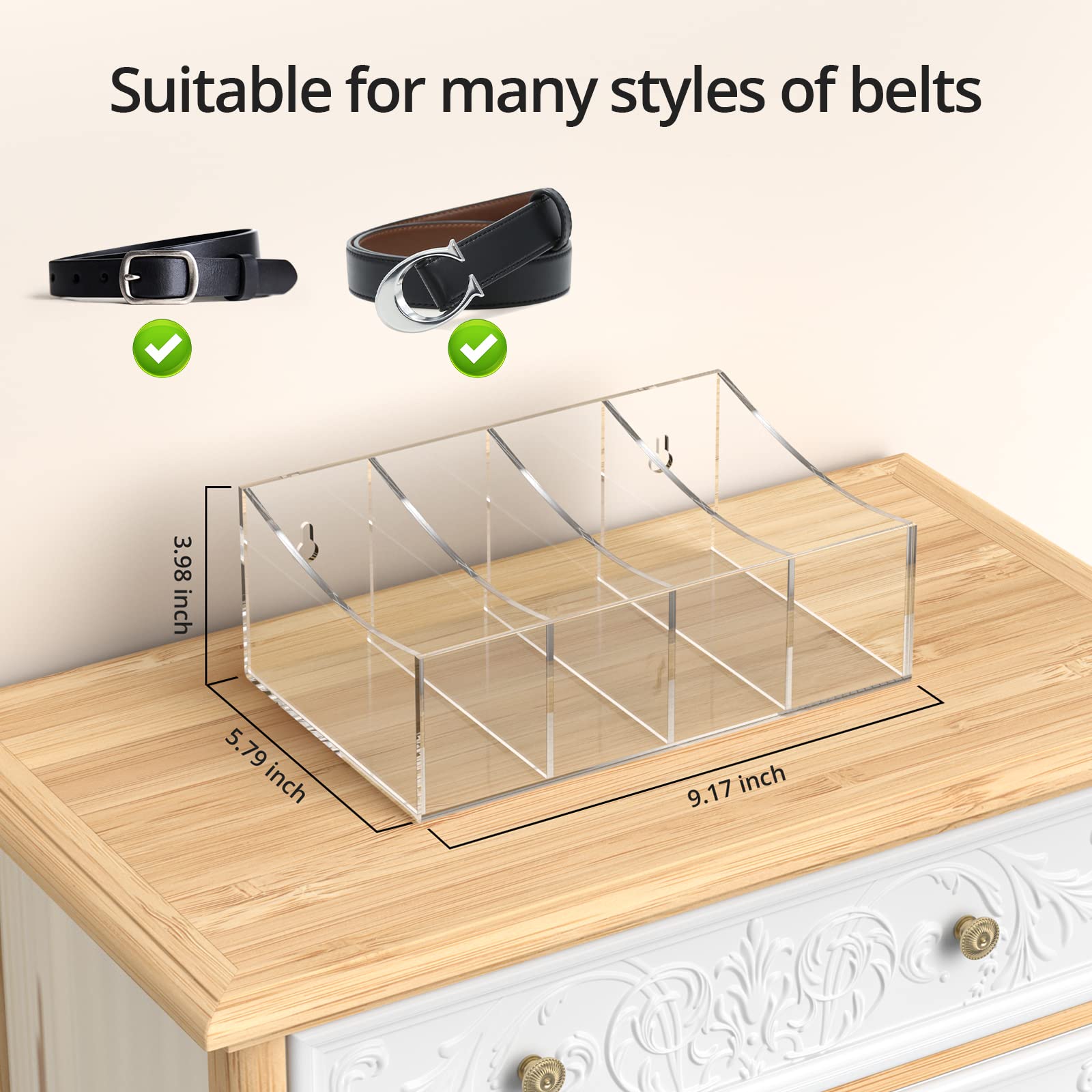 KDSKSC Belt Organizer, Acrylic Belt Storage Holder for The Closet and Drawer, 5 Compartments Belt Container Clear Display Case for Tie and Bow Tie