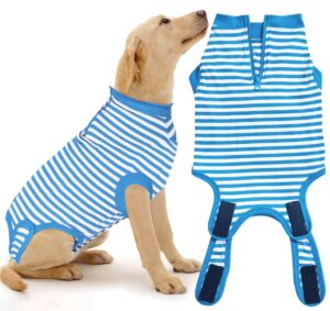 wabdhally dog surgery recovery suit,surgical suit for large female spay,soft combed cotton,blue striped zipper onesie xxl