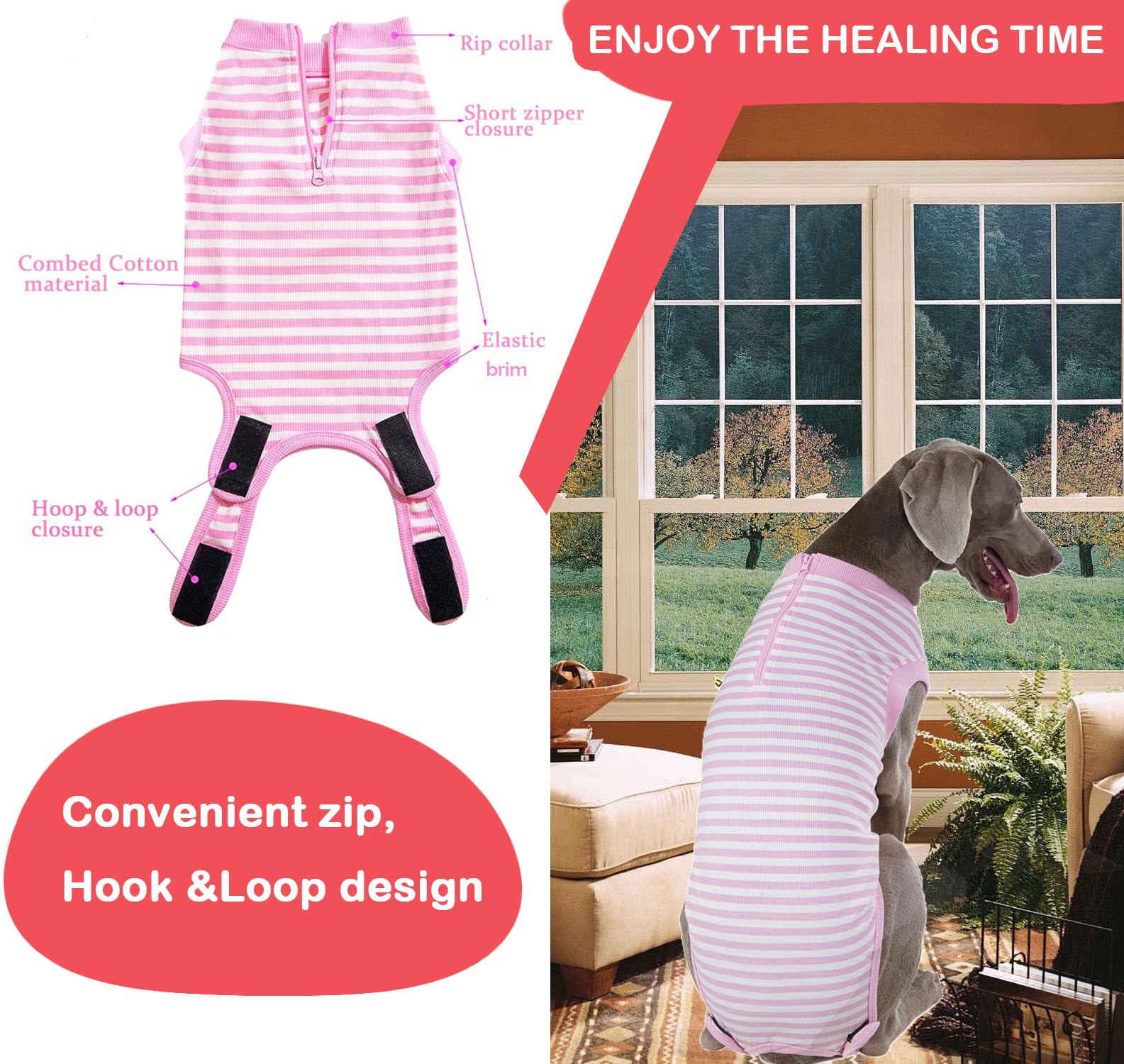 Wabdhally Dog Surgery Recovery Spay Suit,Surgical Suit for Medium Female Dogs,Soft Combed Cotton,Striped Pink Zipper Onesie M