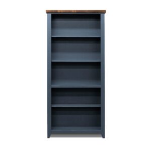 bridgevine home nantucket modern farmhouse bookshelf, 5-shelf bookcase, 72 inch high bookshelf, fully assembled, poplar solid wood bookshelf, blue denim and whiskey finish